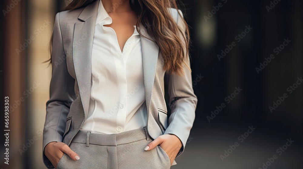 a woman in a suit and tie posing for a picture. generative ai Stock ...