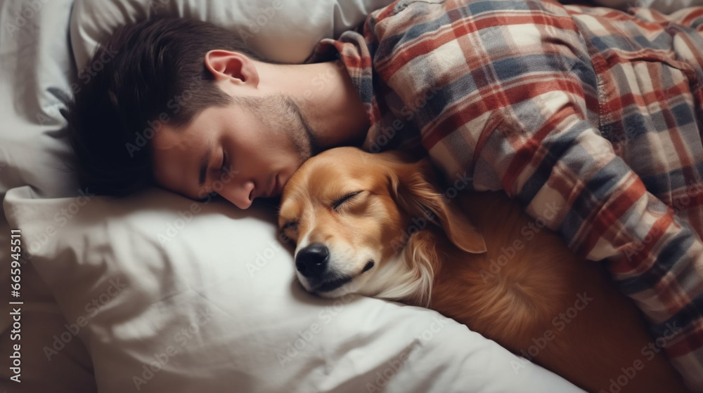 copy space, stockphoto, topview, cut dog sleeping in bed with the owner ...