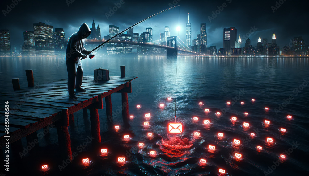 A hacker fishing off a pier. Email phishing attempt. Cyber security ...