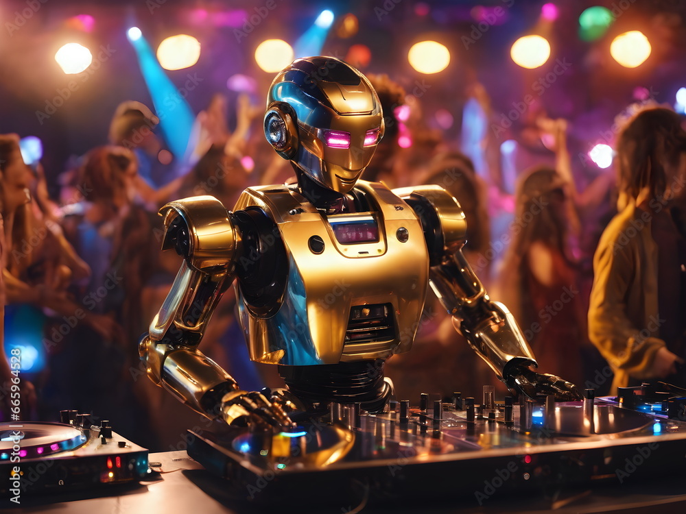 Futuristic robot DJ pointing and playing music on turntables. Robot ...