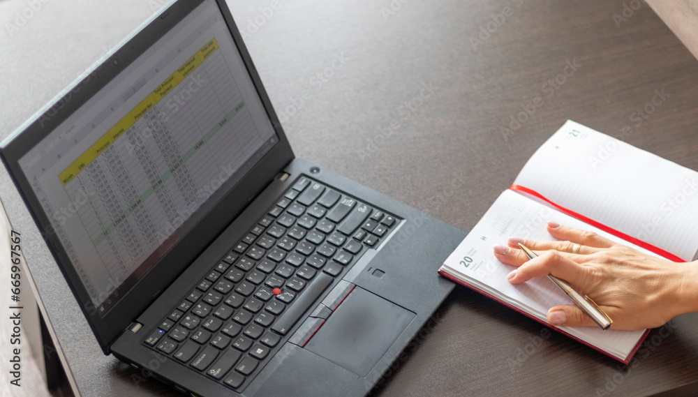 Shot of a woman working on the laptop showing an excel sheet on the ...