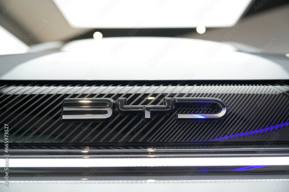 PENANG, MALAYSIA - 20 OCT 2023: Car logo of a BYD Build Your Dreams EV ...