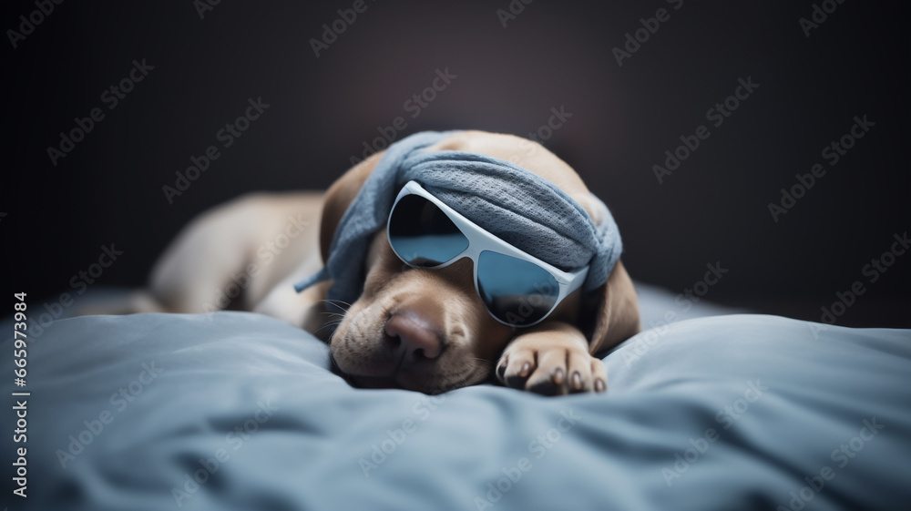 Studio protrait of Cute Labrador Retriever with sleep mask resting on ...