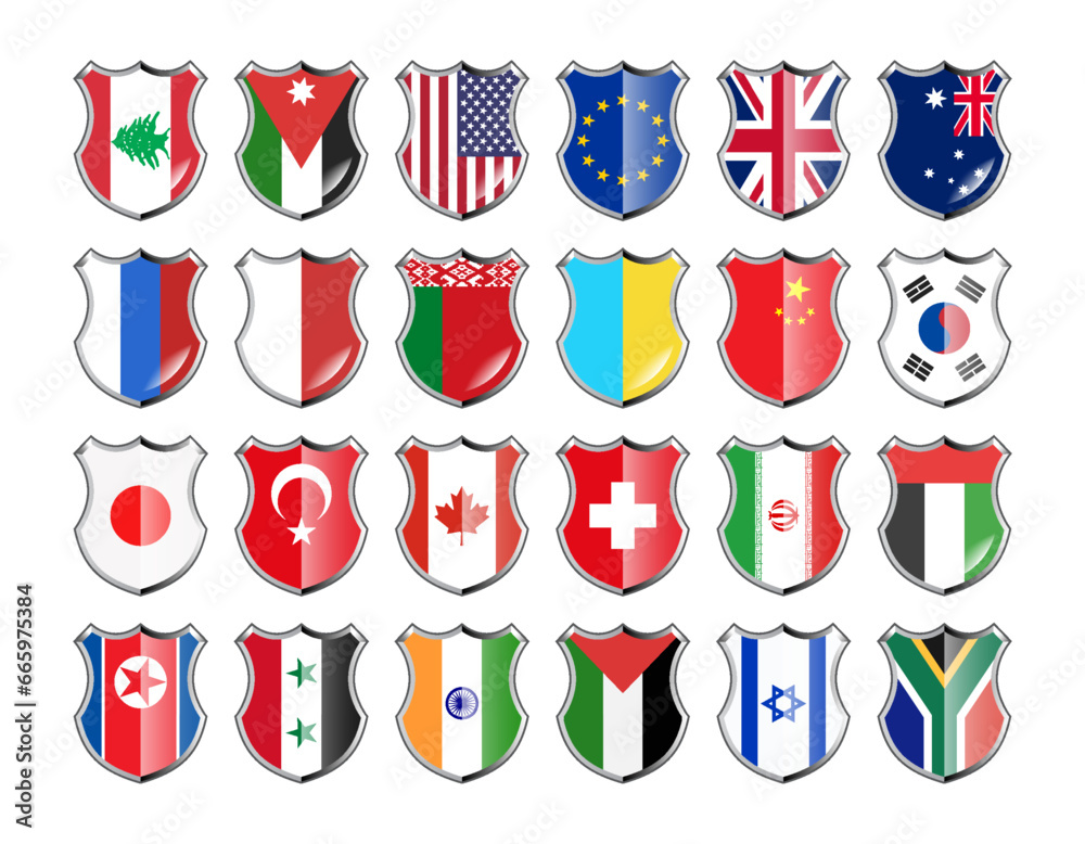 Vector flags on a shield with highlights. 24 state symbols of different ...