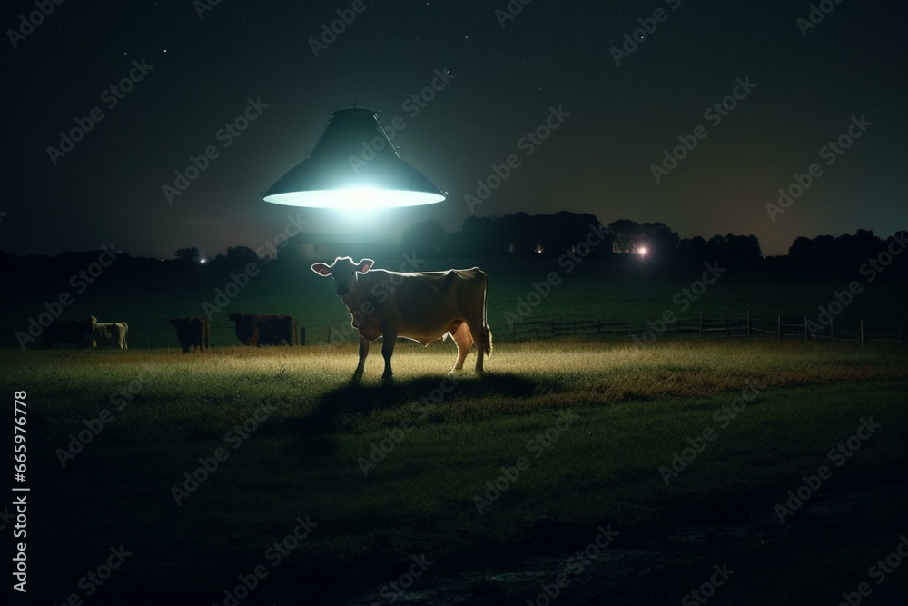 Cow captured by UFO's tractor beam at night above a field. Generative ...