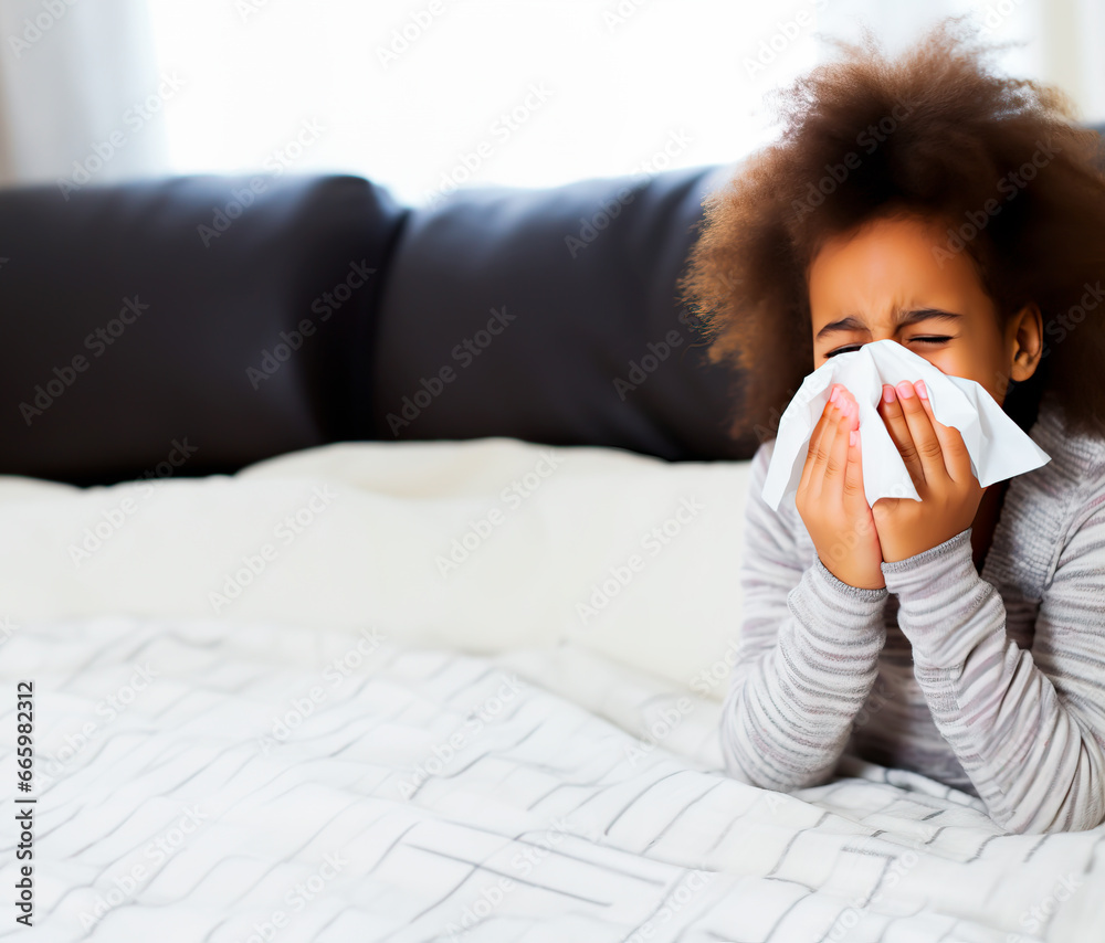 Child blowing its nose into a paper tissue. Concept of allergies, colds ...