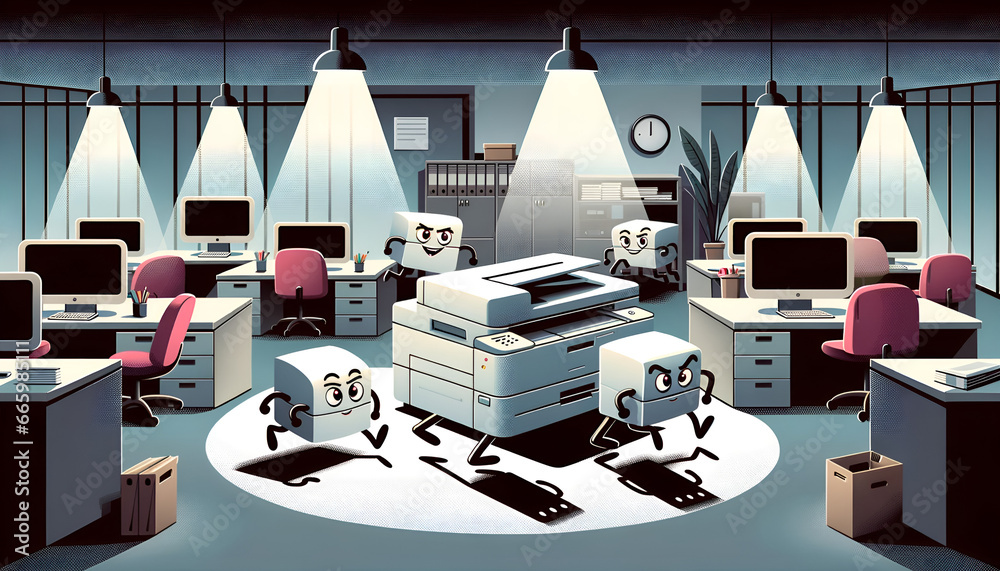 Vector of a sneaky printer escape: Office printers with little sneaky ...
