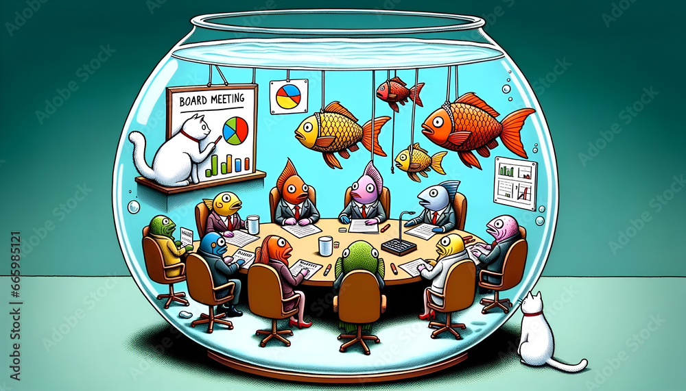 Actual fish inside a fishbowl having a serious board meeting, complete ...