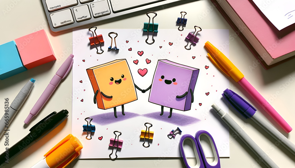 Two post-it notes on a desk, holding hands and sharing a romantic ...
