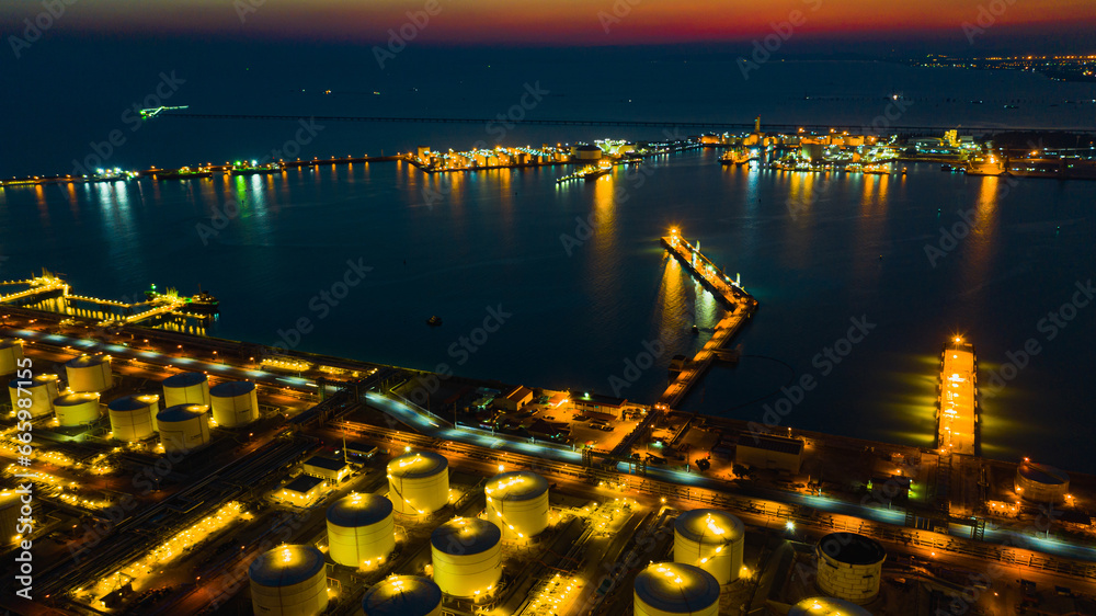 Aerial view oil tanker. oil loading dock of business logistic sea going ...
