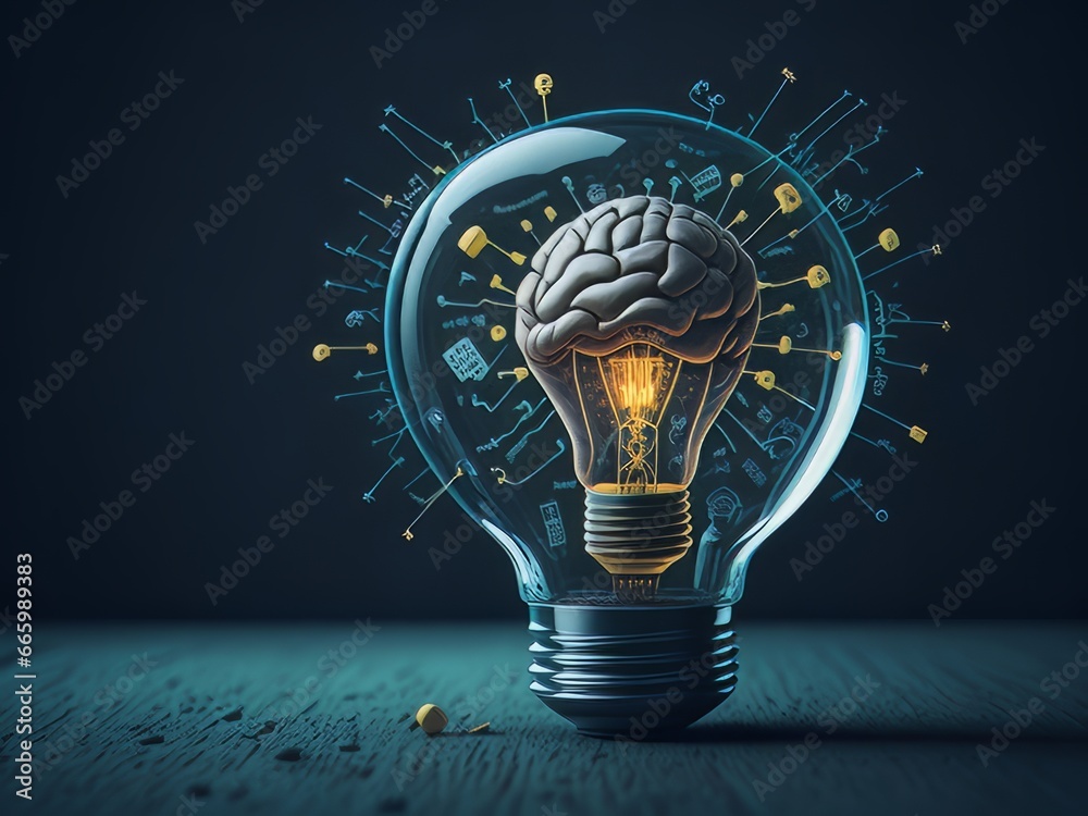 Una bombilla con un cerebro dentro, rodeada de una ráfaga de ideas y ...
