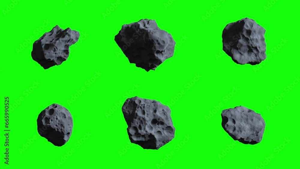 Rotating meteorites on a green background. Realistic animation six ...