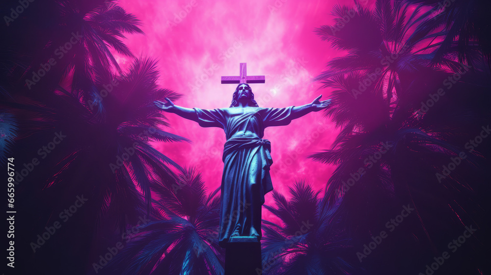 Jesus christ on cross in synthwave style with neon lights, generated ...