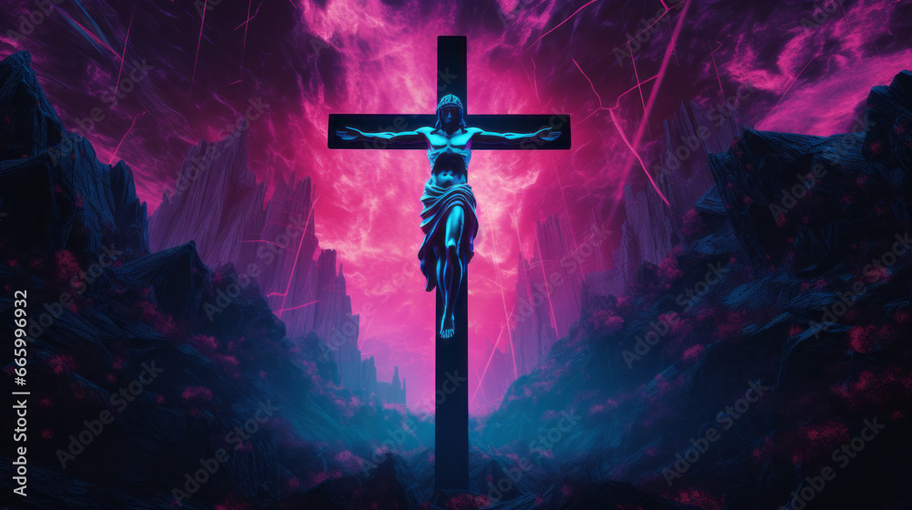 Jesus christ on cross in synthwave style with neon lights, generated ...