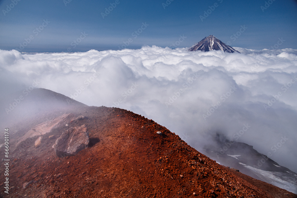 Kamchatka volcanic landscape: view to top of cone of Koryaksky Volcano ...
