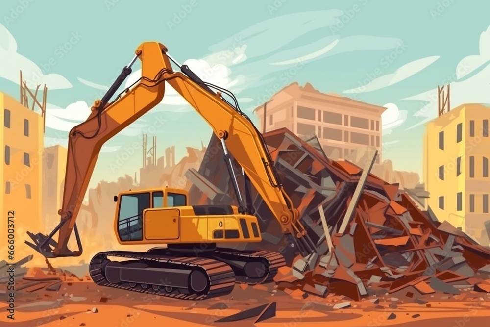 Construction site demolition. Excavator demolishing building ...