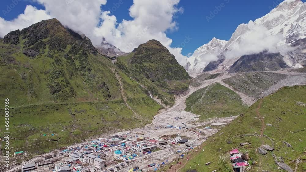 An aerial view of the Kedarnath Temple amidst the stunning Himalayan ...