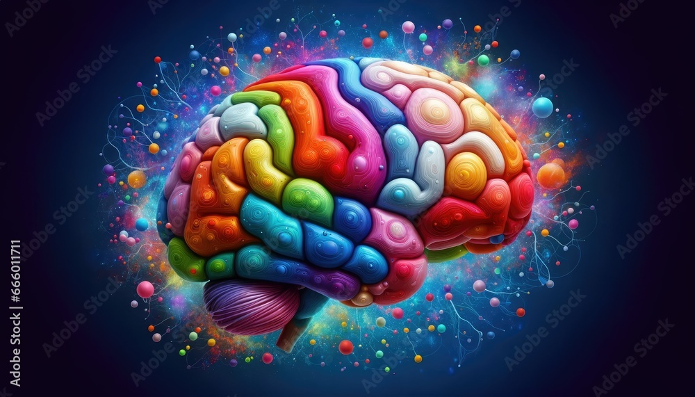 Illustration of a human brain, depicted in vibrant and colorful shades ...