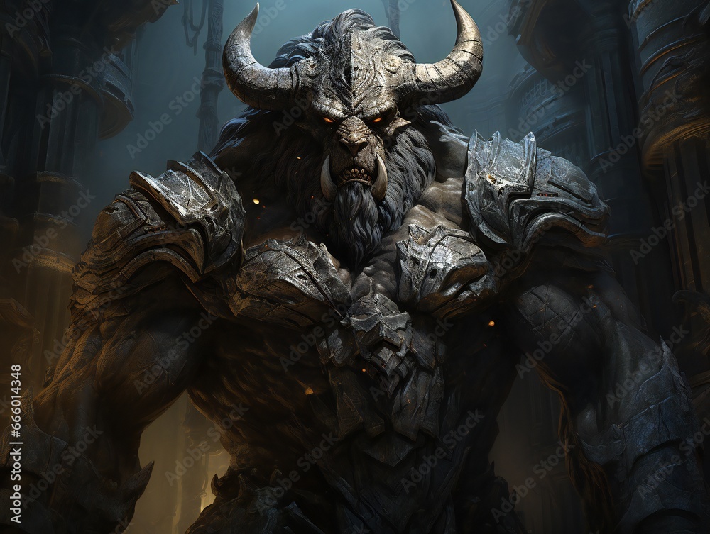 Minotaur mythological bull man with big horns, creature from legends ...