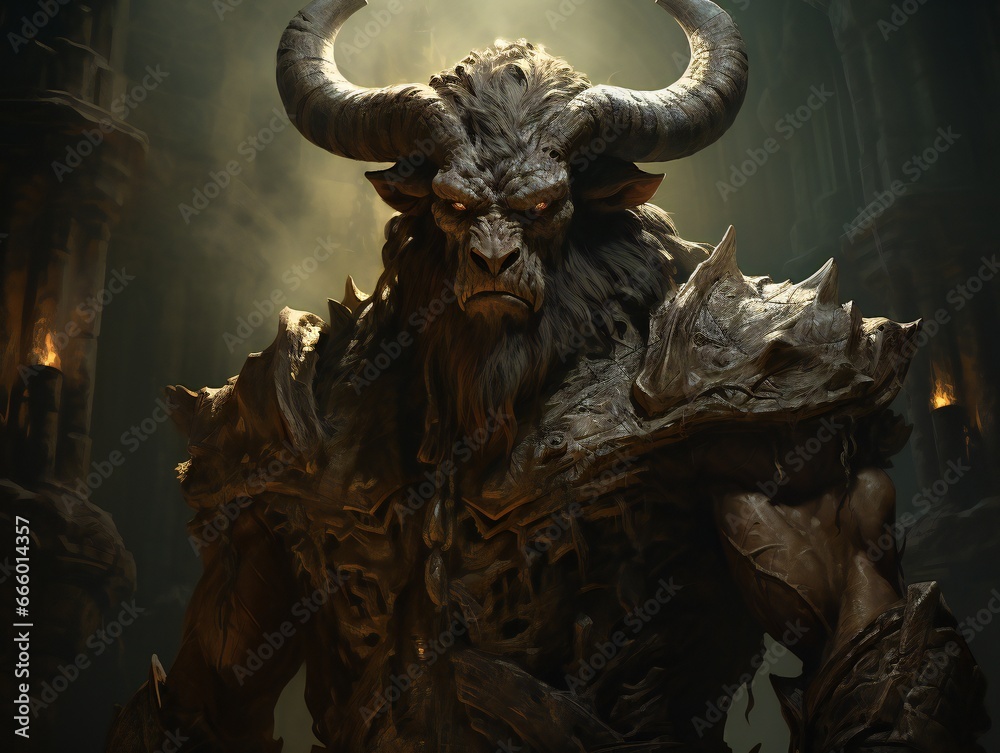 Minotaur mythological bull man with big horns, creature from legends ...
