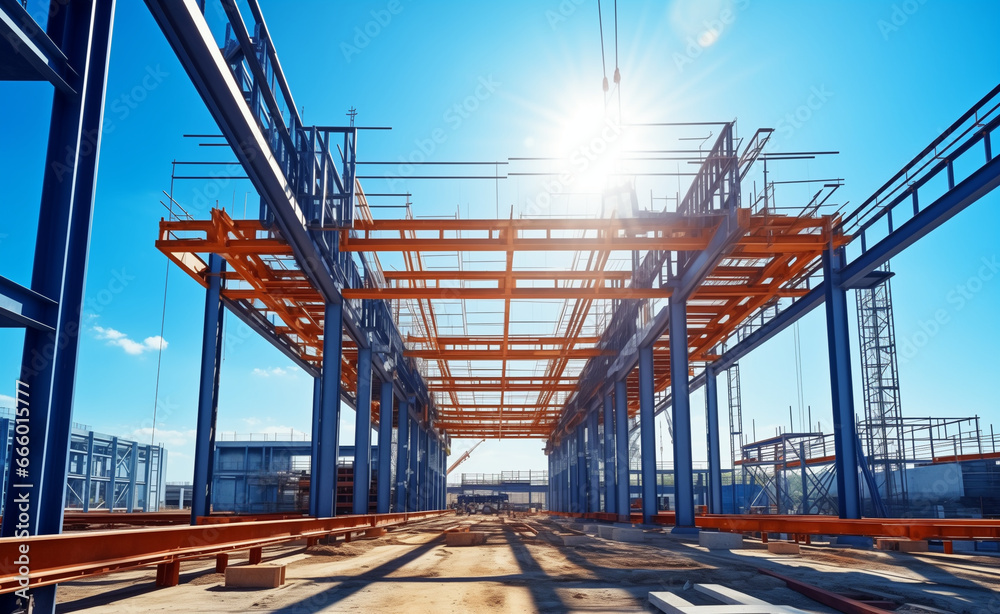Construction of the steel building pillars using a crane. Stock Photo ...