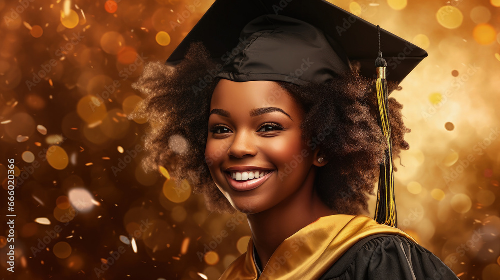 Happy black girl wearing graduation cap and gown, smiling young girl ...