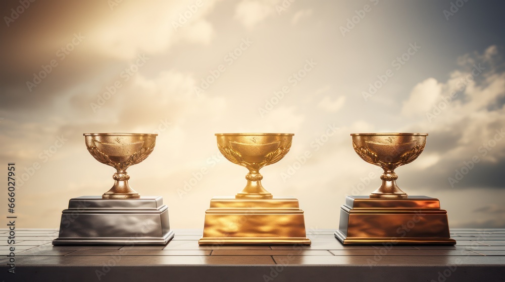 Three podiums, gold, silver, and bronze, stand tall, representing the ...