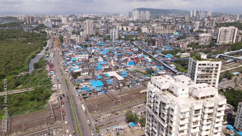 Aerial view of Mumbai city over Dharavi which is Asia's largest slum ...