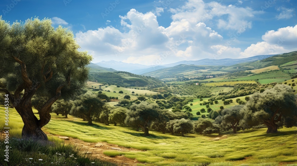 Green olive trees farmland, agricultural landscape with olives plant ...