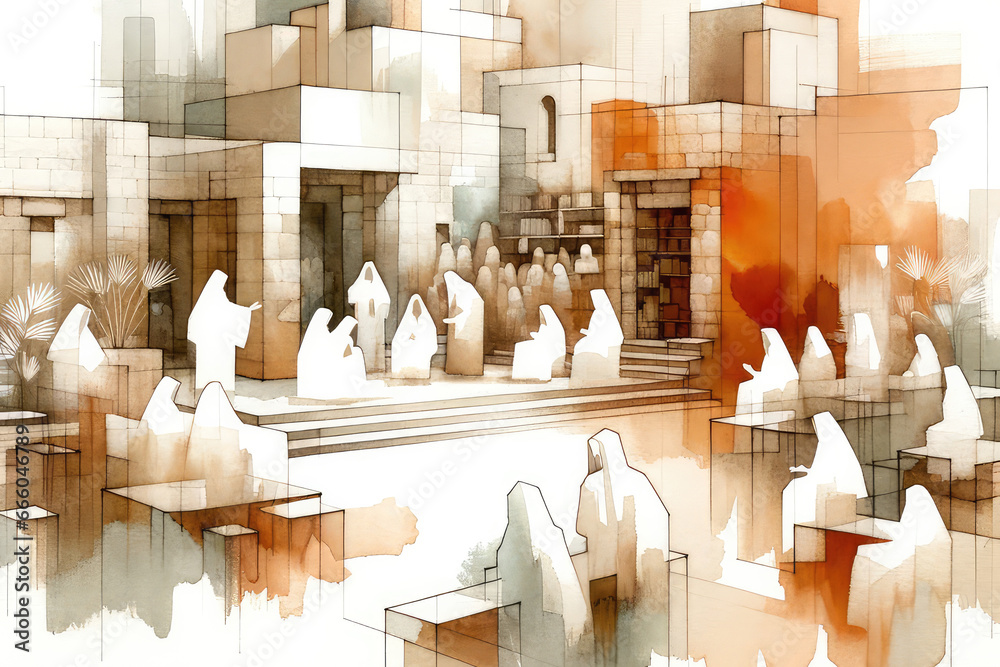 Ministry of Jesus. Jesus preaching to people on abstract colorful ...