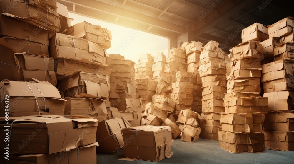 Recycling cardboard packaging concept with stacks of compressed ...