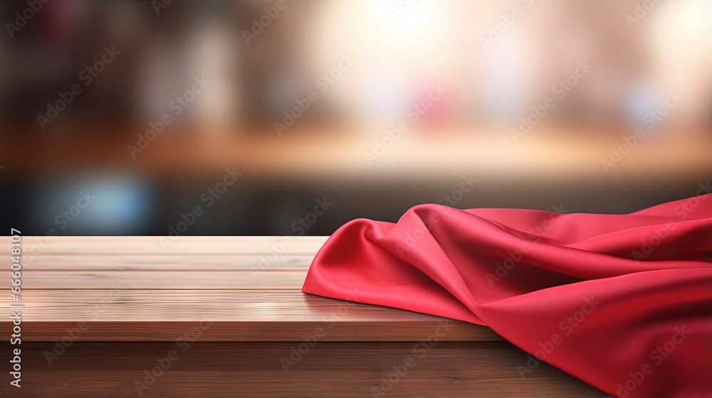 Red fabric,cloth on wood table top on blur kitchen counter (room ...