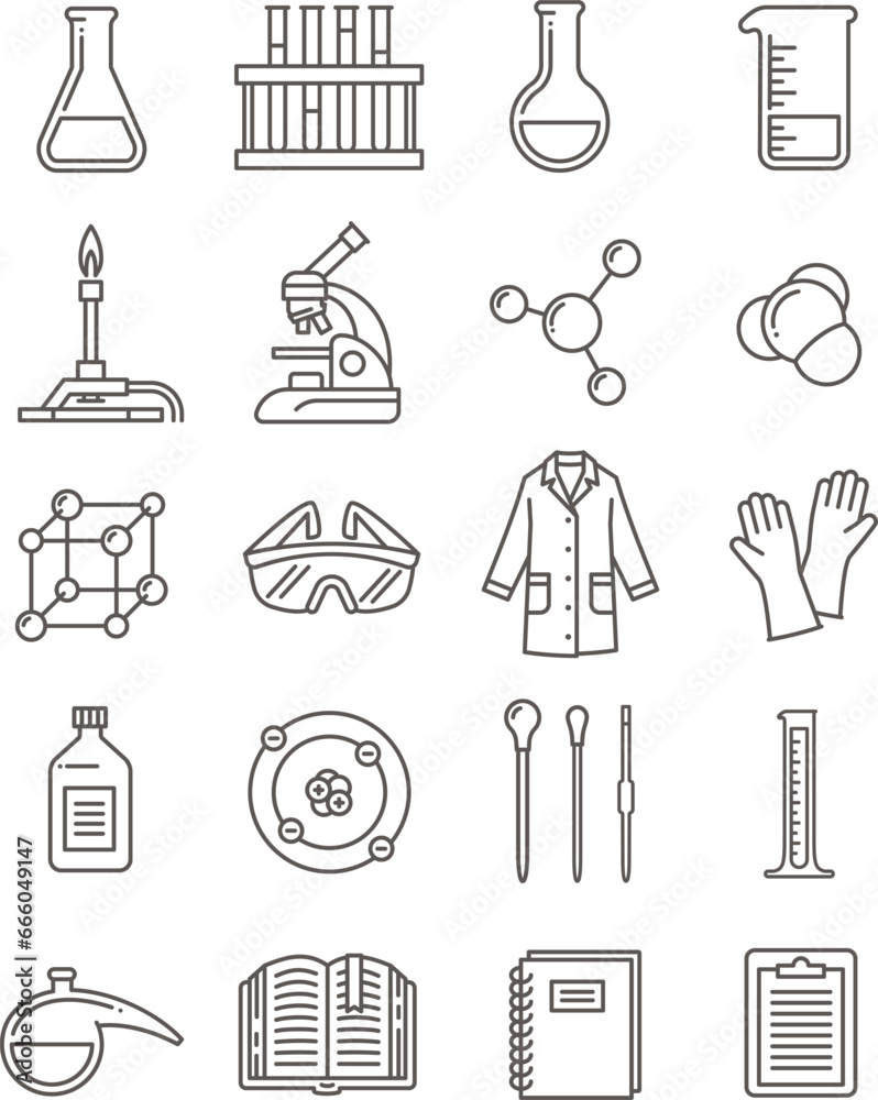 Chemistry lab outline icons. Chemical laboratory equipment linear ...