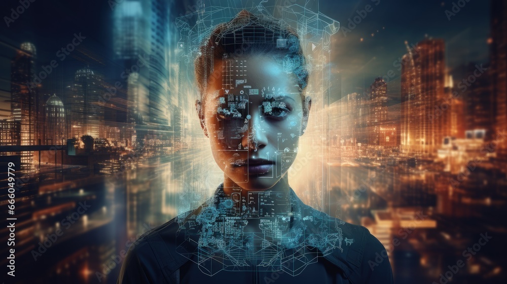 double exposure image of virtual human 3dillustration on world map and ...