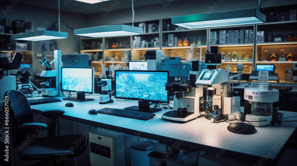 A modern lab setup with an array of electron microscopes, pipettes, and ...