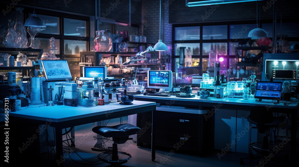 A modern lab setup with an array of electron microscopes, pipettes, and ...