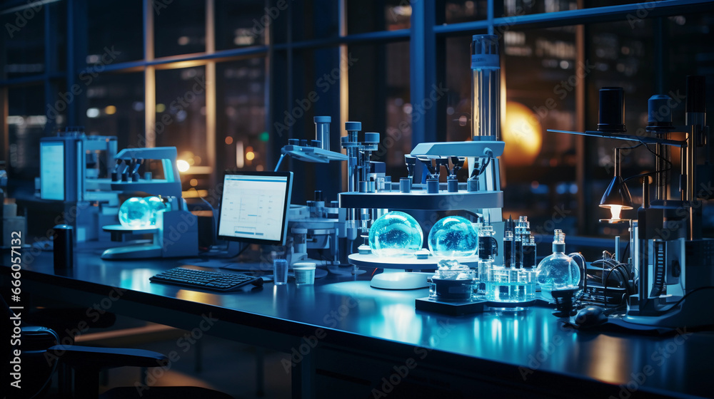 A modern lab setup with an array of electron microscopes, pipettes, and ...