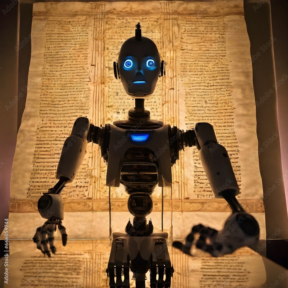 A futuristic android robot in front of ancient manuscripts, showcasing ...