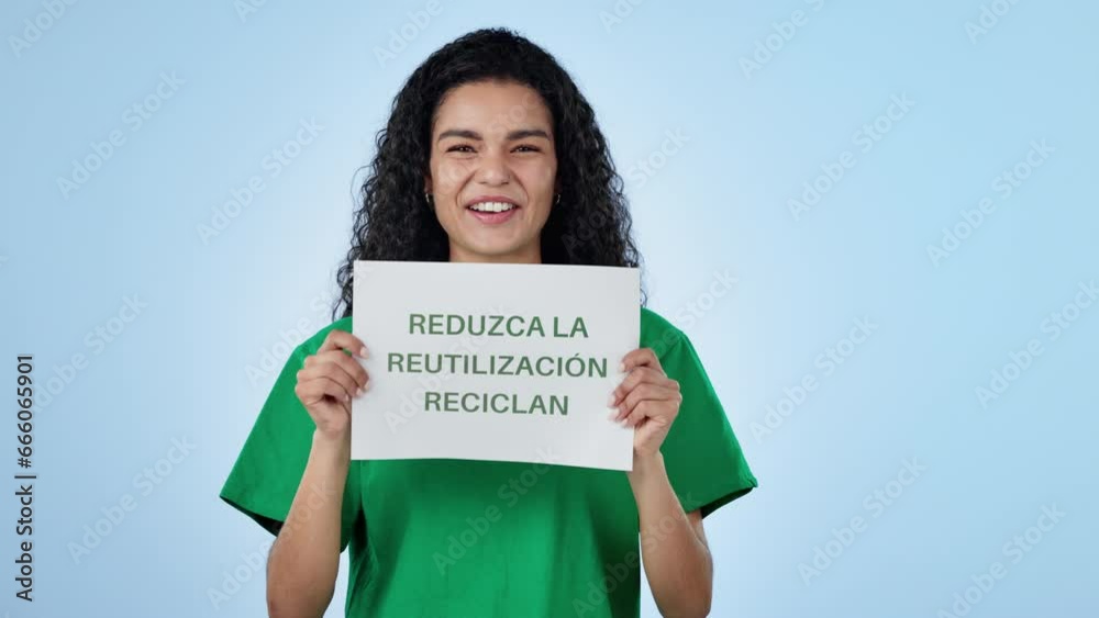 Woman, activist and sign for recycle, reuse and reduce for ...