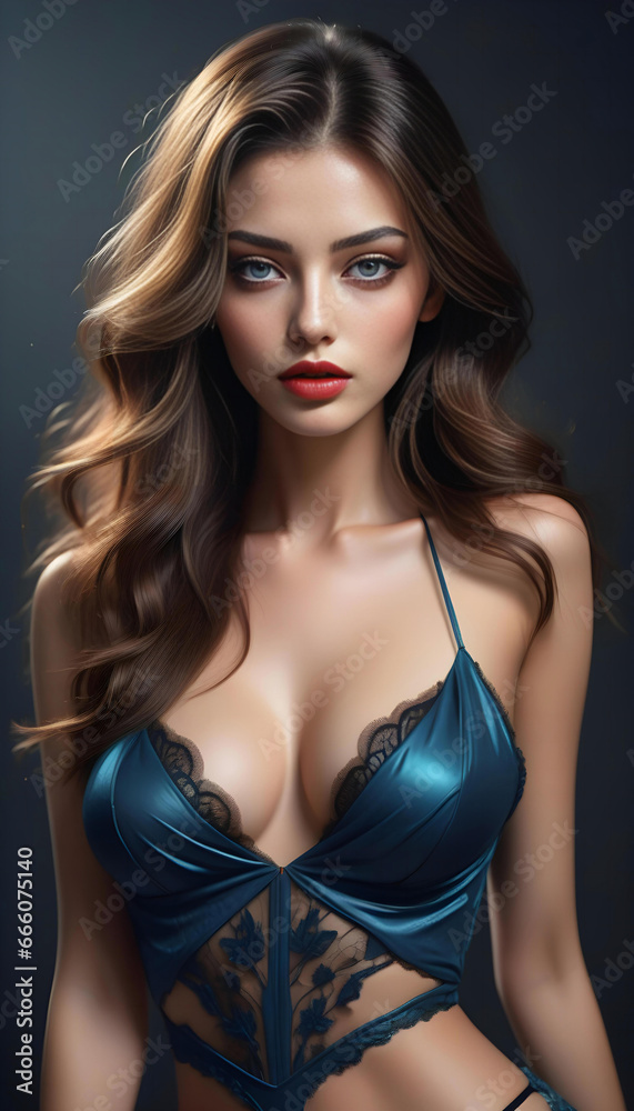 Beautiful Young Woman In Blue Lingerie Over Dark Background Beauty