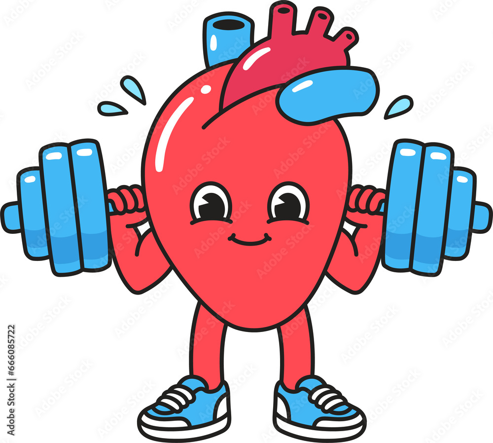 Cute cartoon heart character lifting heavy barbell. Healthy heart ...