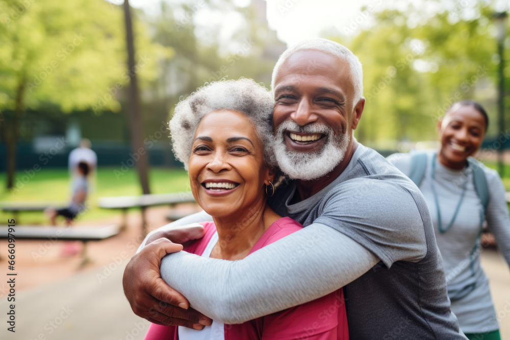 Multiracial senior people having fun, hugging each other after sport ...