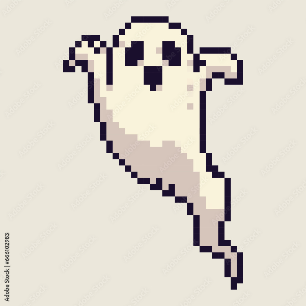 In this spooky pixel art, a grinning ghost floats eerily in the moonlit ...