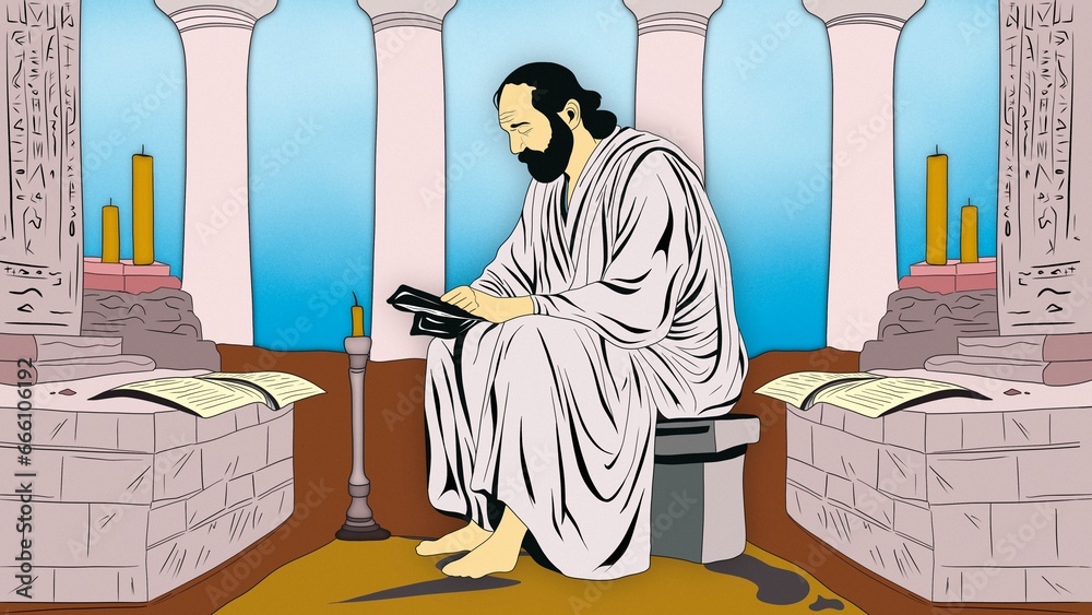 Ancient Greek philosopher reading, An elderly scholar engrossed in ...