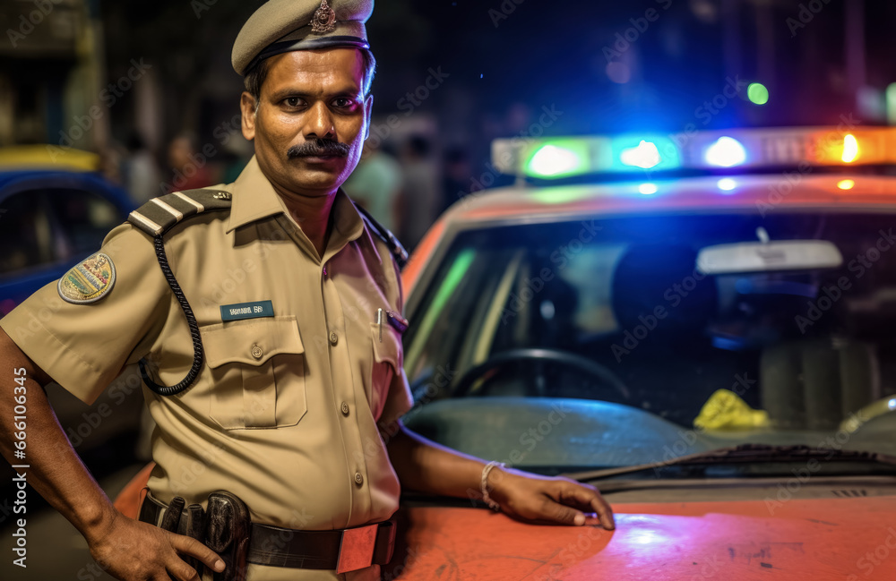 Indian man working as police officer or cop, closeup portrait standing ...