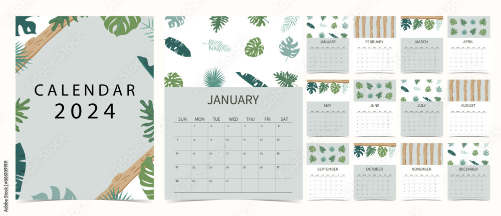 2024 table calendar week start on Sunday with leaf, safari that use for ...