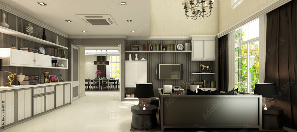 3d render illustration Interior design of a large house with living and ...