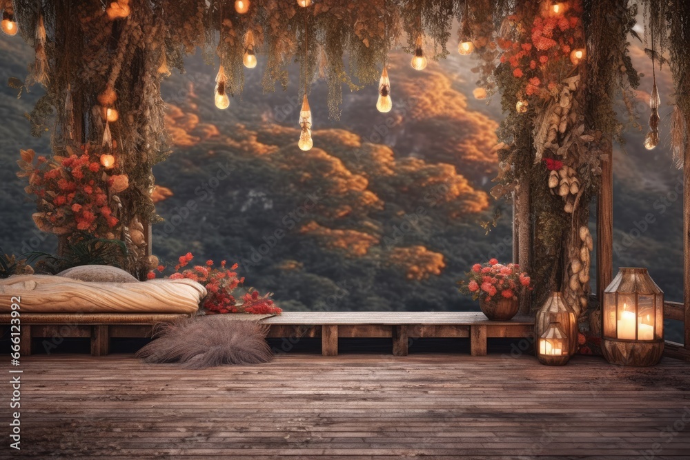 a wooden floor with orange and yellow autumn leaves, in the style of ...