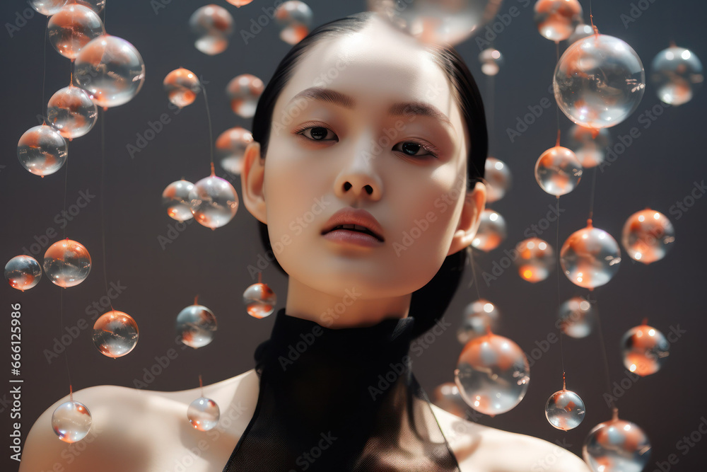 Bubble Elegance: Asian Model Poses Gracefully, Surrounded by a ...