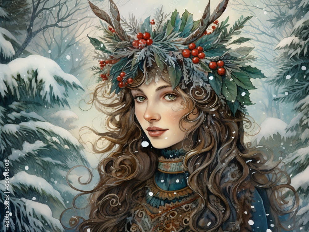 Mystical forest nymph with winter crown. Snowy forest backdrop ...